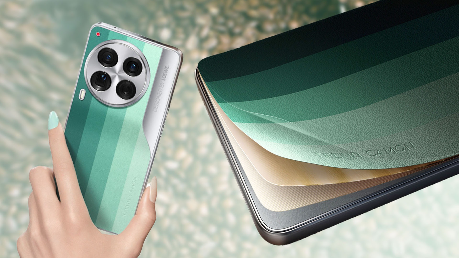 Tecno Camon 30 Series Loewe Design Edition dos en marc de café